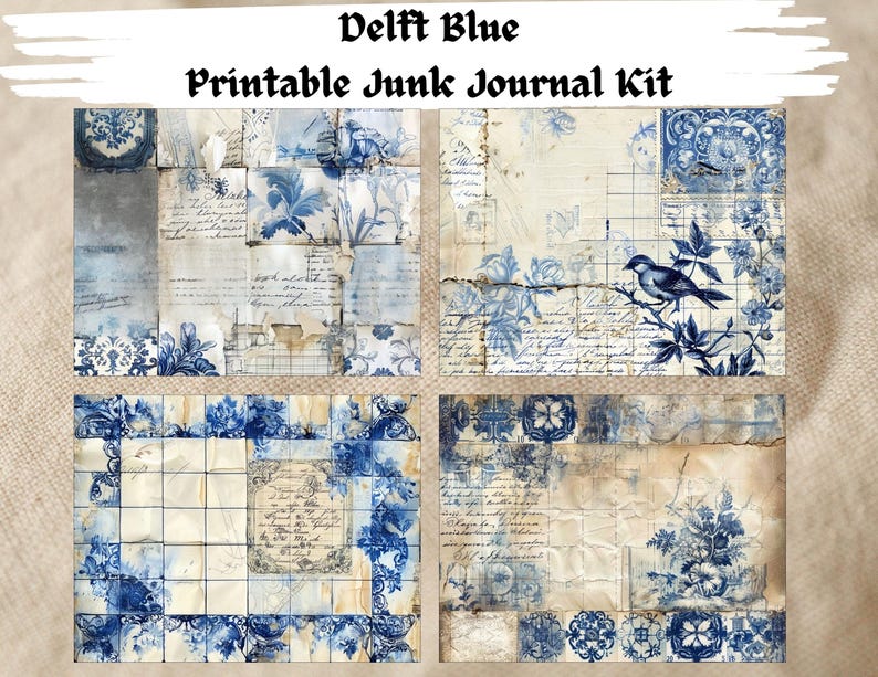 Delft Blue Printable Junk Journal Kit, Vintage Blue Digital Paper ...