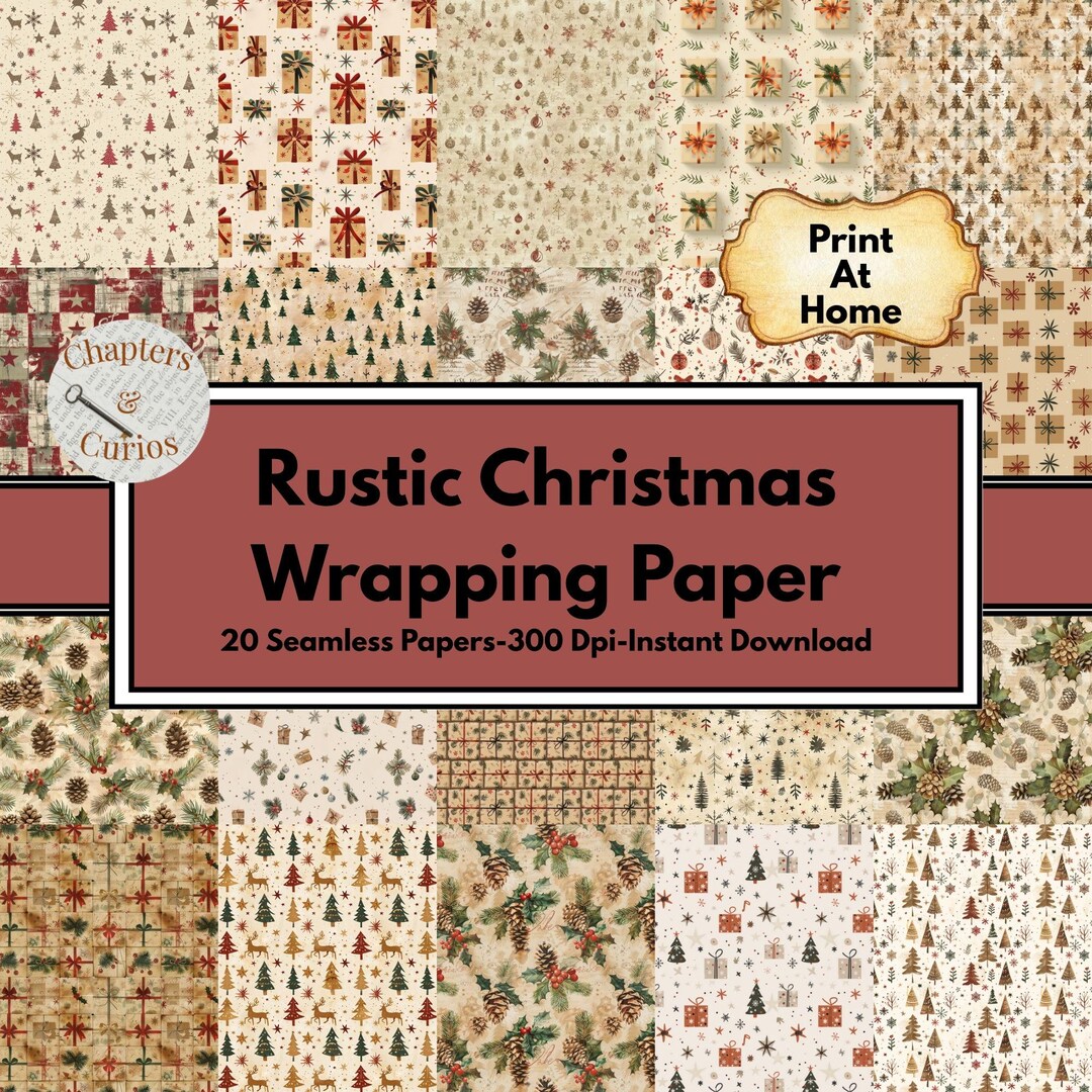 Rustic Christmas Wrapping Paper Pack, Vintage Scrapbook Digital ...