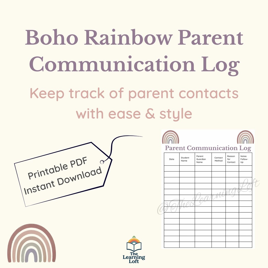 Boho Rainbow Parent Communication Log | Printable PDF for Teachers ...