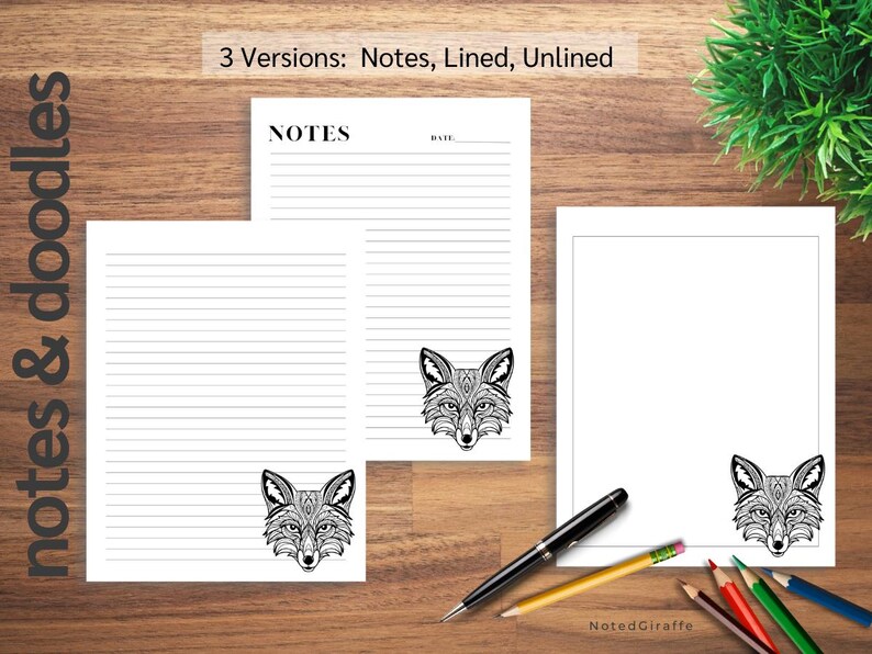 Fox Notes, Note Taking Printable, Note Paper, Coloring, Doodle, US ...