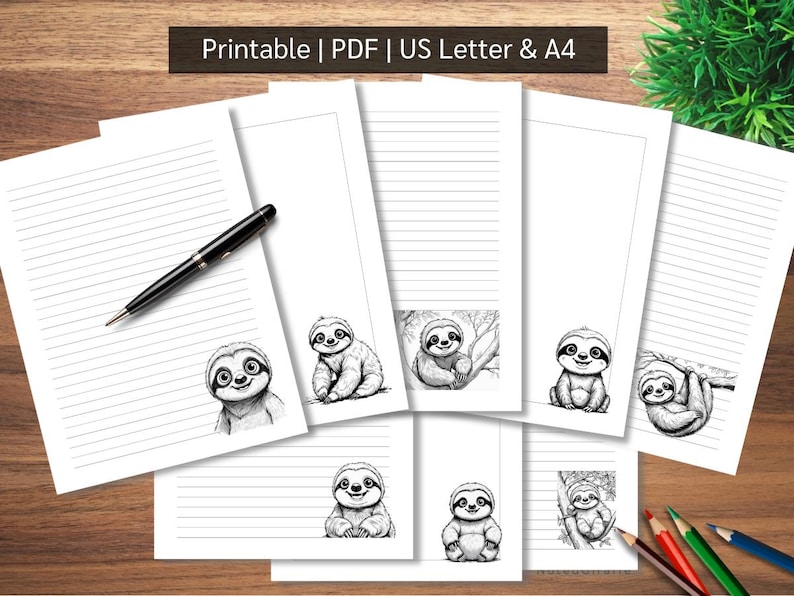 Sloth Stationery Paper: Printable Letter Writing Set, Note Paper (PDF ...