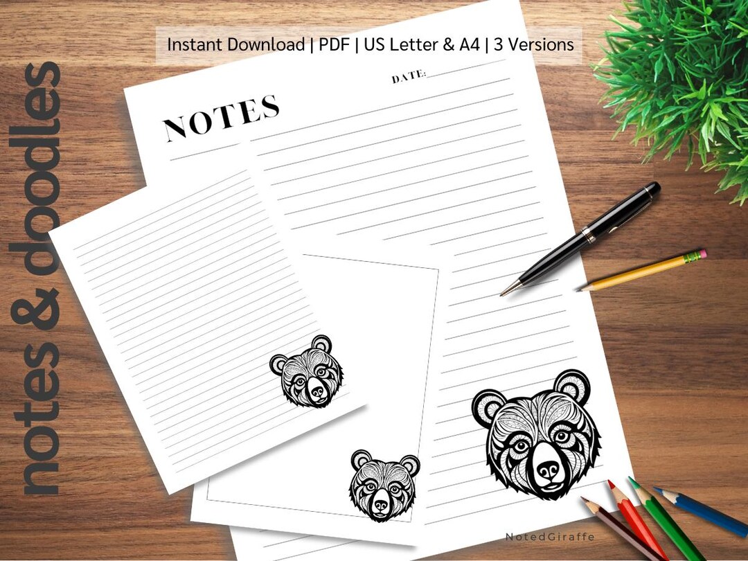 Bear Notes, Note Taking Printable, Note Paper, Coloring, Doodle, US ...