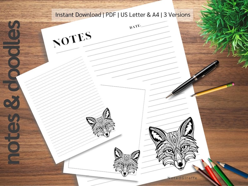 Fox Notes, Note Taking Printable, Note Paper, Coloring, Doodle, US ...