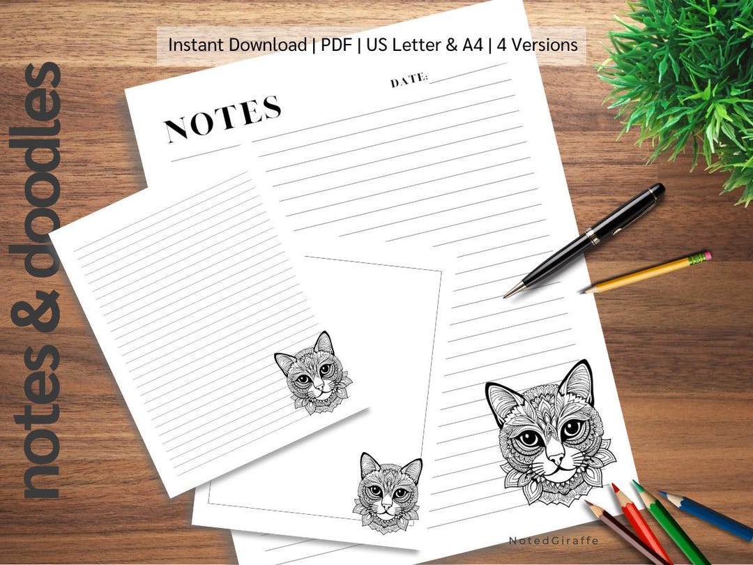 Cat Note Paper, Note Taking Printable, Cat Note Pages, Coloring, Doodle ...