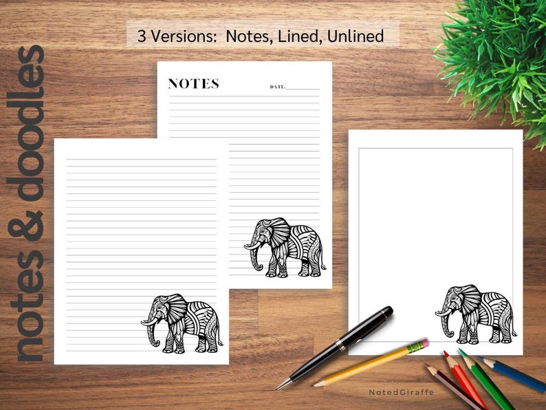 Elephant Note Paper, Note Taking Printable, Elephant, Note Pages ...