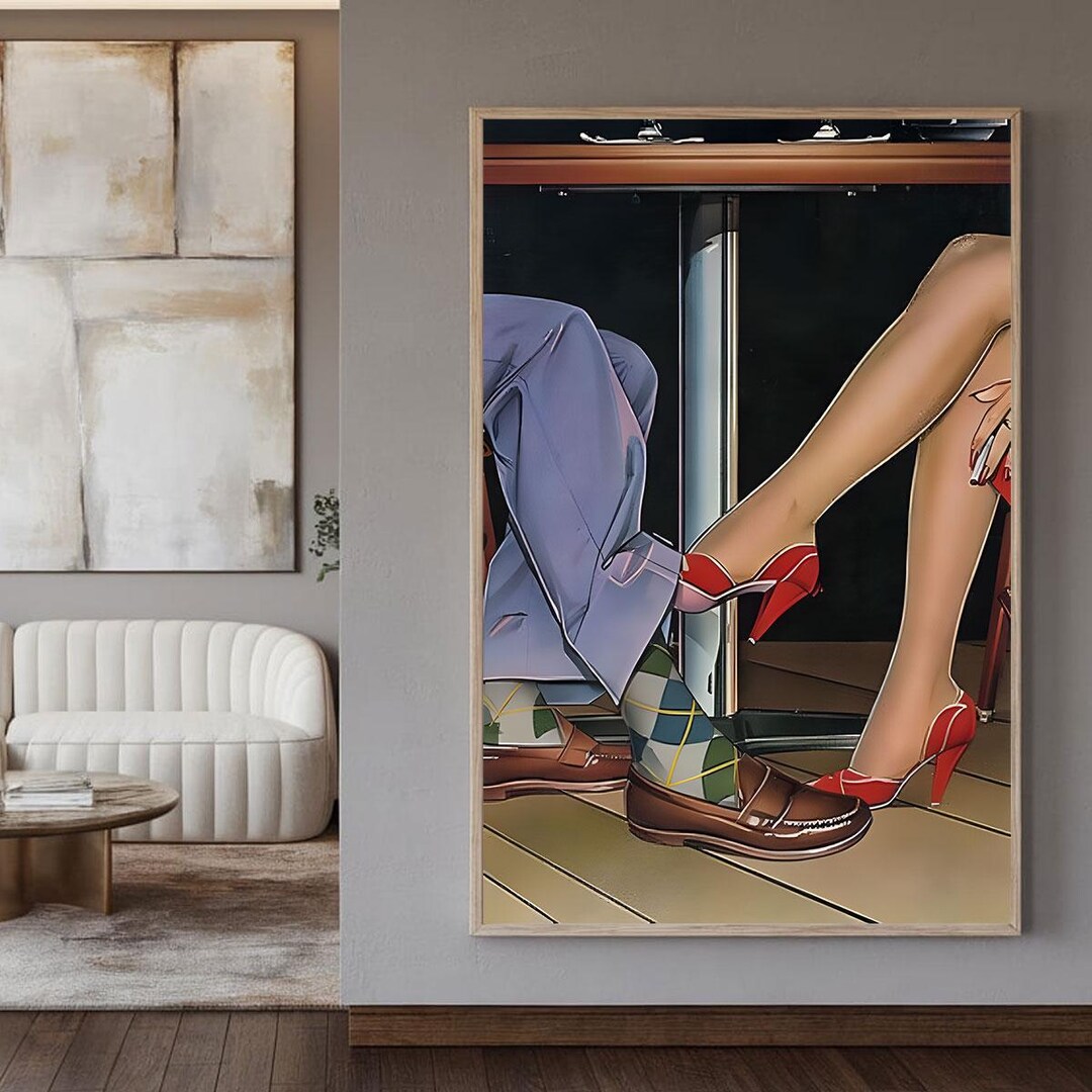 Flirty Retro Poster, Under Table Romance Art Print, Vintage Couple ...