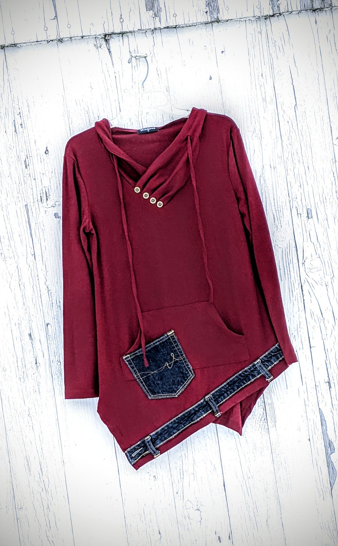 Handmade Upcycled Deep Red Hoodie, Denim Upcycle - Etsy