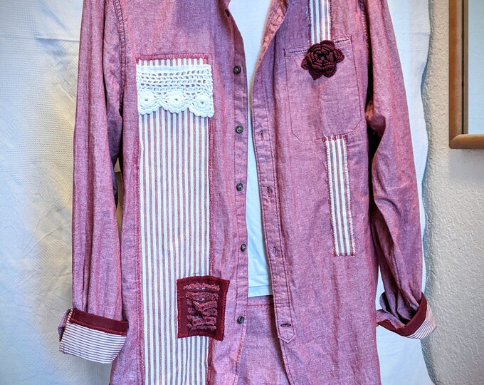 Upcycled Big Shirt, Crochet Lace, Tunic Shirt, Handmade, Patchwork ...