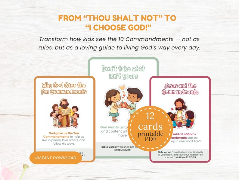 The Ten Commandments Flashcards for Kids Biblical Values Printable ...