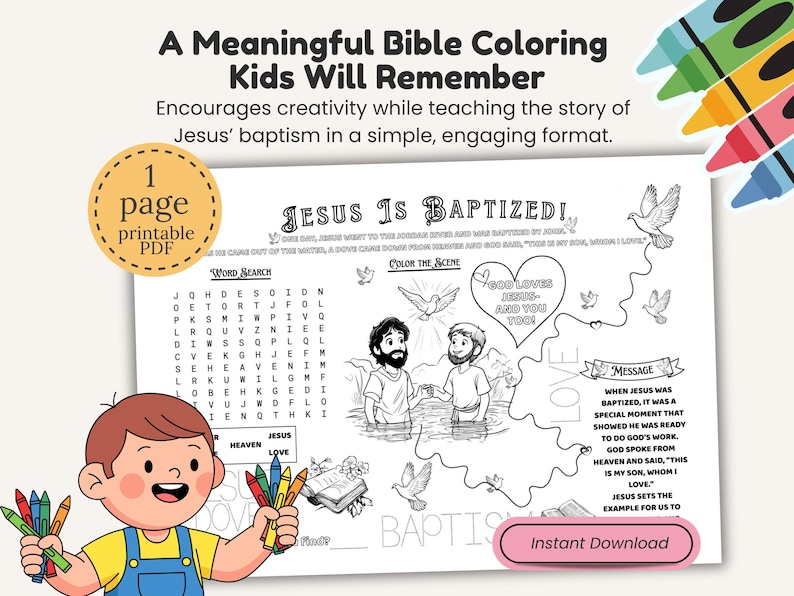 Jesus' Baptism Coloring Placemat for Kids Group Bible Coloring ...