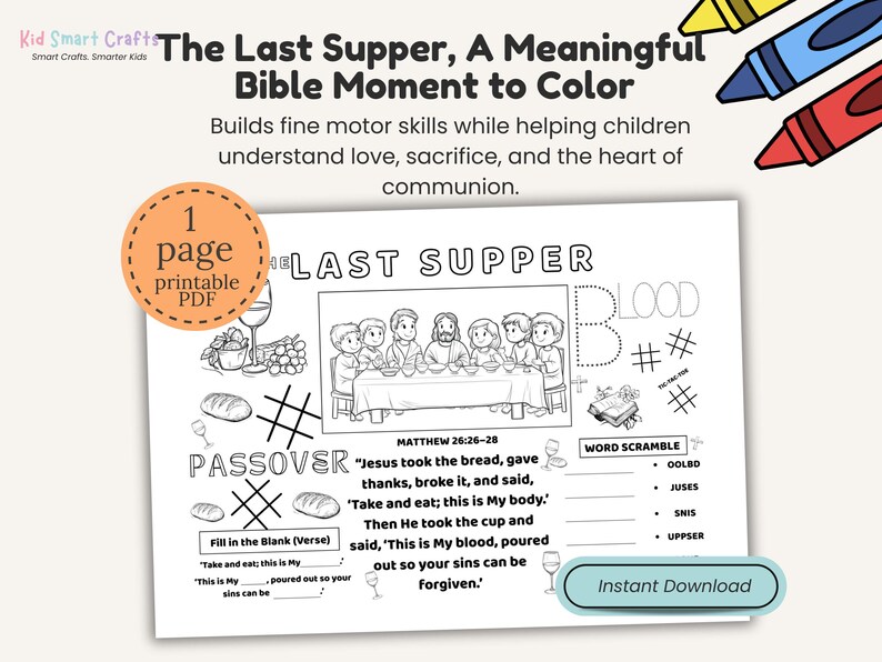 The Last Supper Christian Coloring Activity Placemat for Kids Bible ...