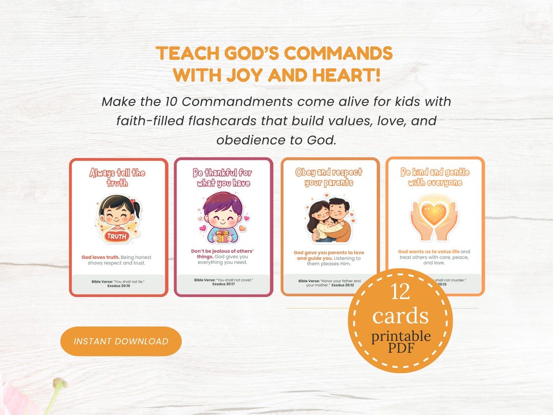 The Ten Commandments Flashcards for Kids Biblical Values Printable ...