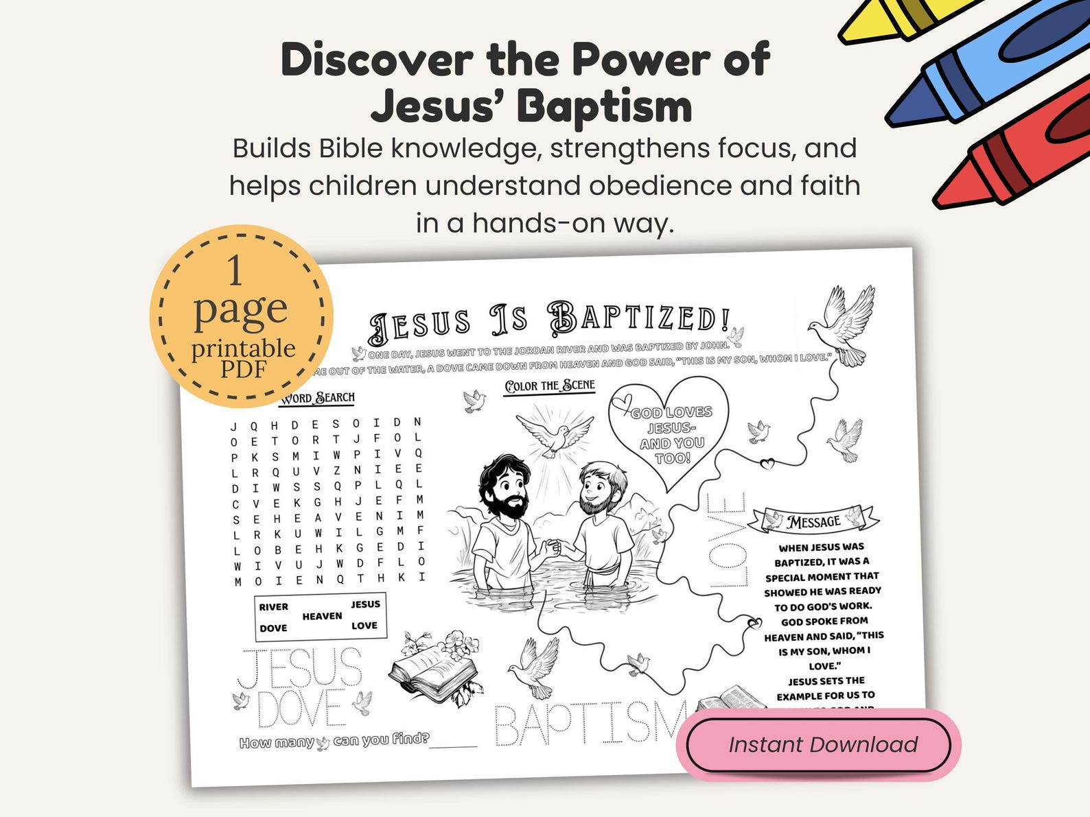 Jesus' Baptism Coloring Placemat for Kids Group Bible Coloring ...