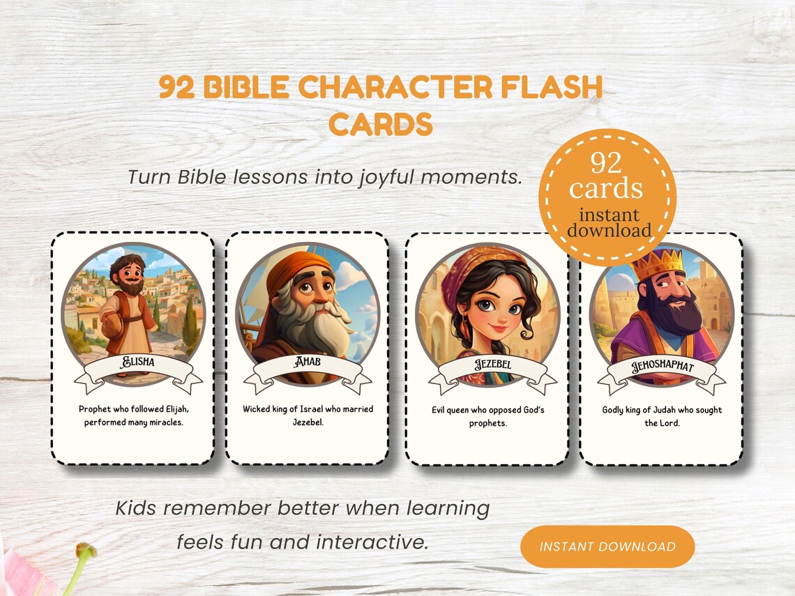 Old Testament Bible Character Flash Cards Printable Scripture Cards for ...