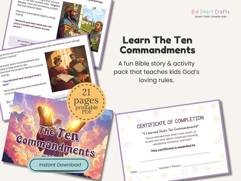 Ten Commandments Bible Story and Activity Pack Printable Christian ...