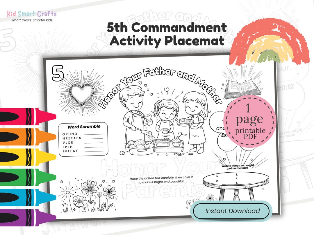 Fifth Commandment From Ten Commandments Coloring Activity Placemat for ...