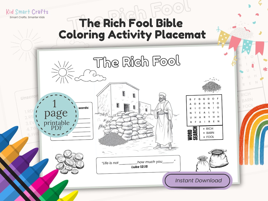 Jesus Parable the Rich Fool Kids Bible Coloring Activity Placemat ...
