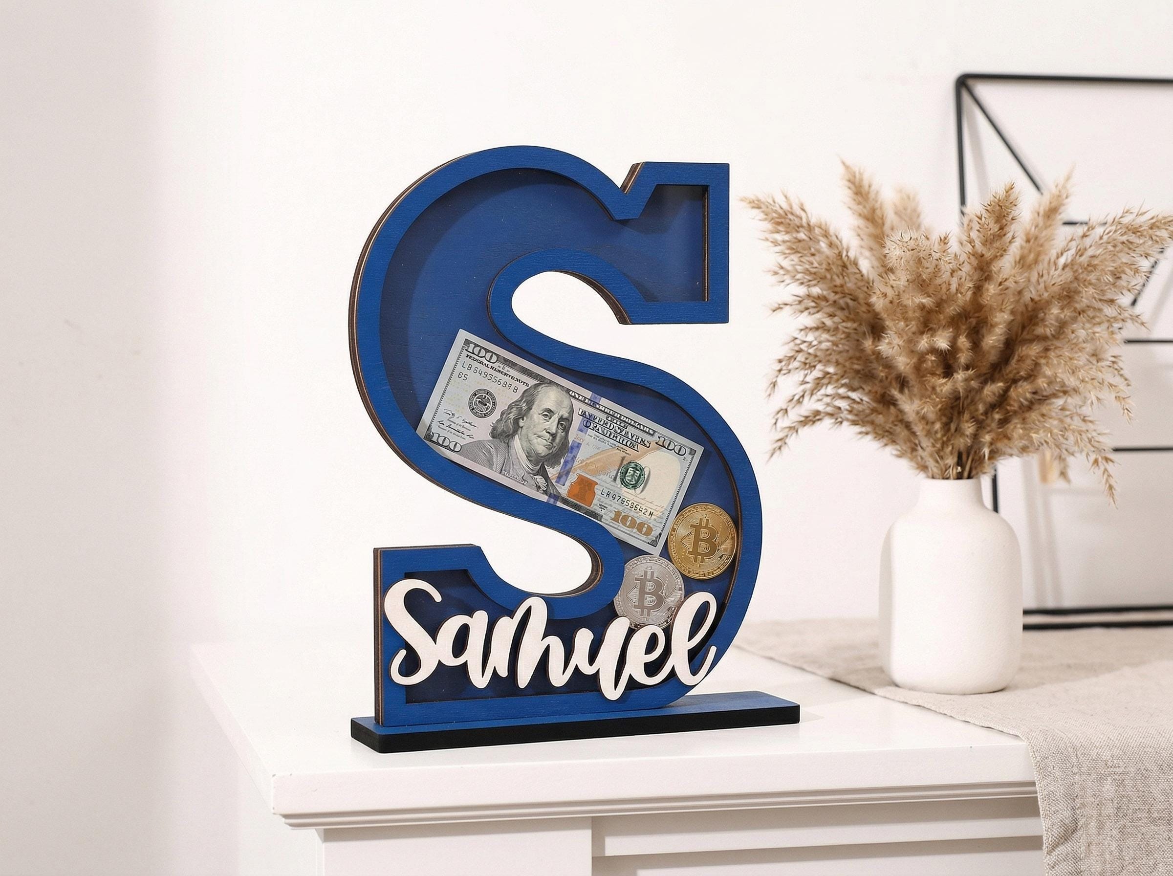 Personalized Letter Piggy Bank, Wooden Initial Coin Bank for Kids ...