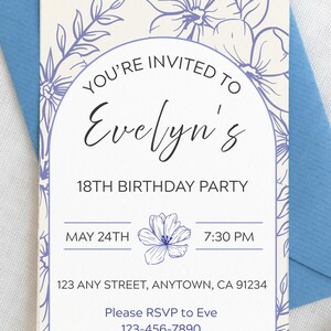 Blue Floral Birthday Invitation - Etsy