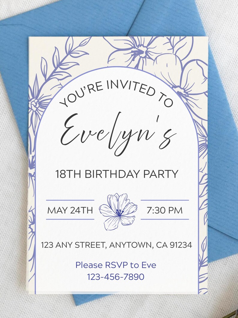 Blue Floral Birthday Invitation - Etsy