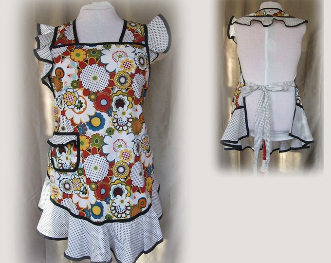 Plus Size Apron - Rust, Green, Black Polka Dots and Retro Flowers ...