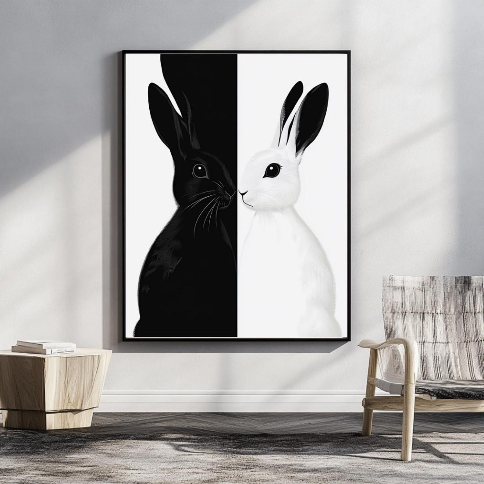 Minimalist Black and White Rabbit Art Print – Modern Yin Yang Animal ...