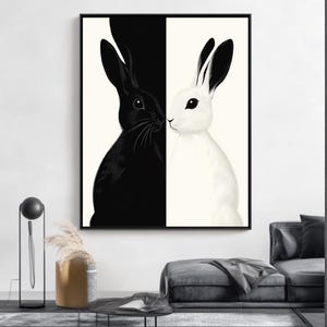 Minimalist Black and White Rabbit Art Print – Modern Yin Yang Animal ...