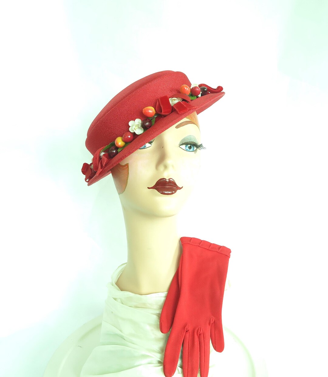 1950s Red Boater Hat With Gloves Womans Mid Century Hat - Etsy