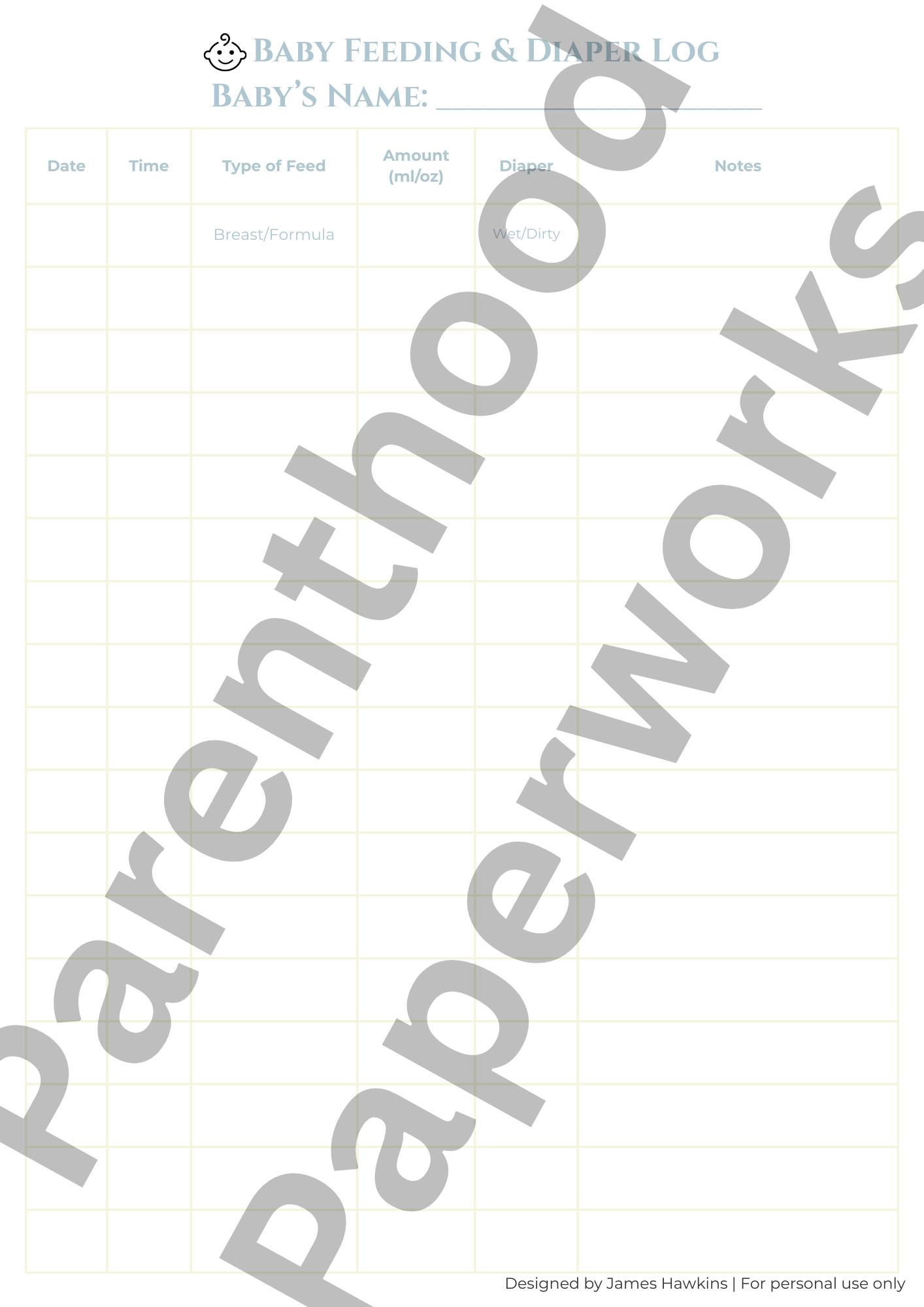 Baby Feeding and Diaper Log Printable | Newborn Daily Tracker ...