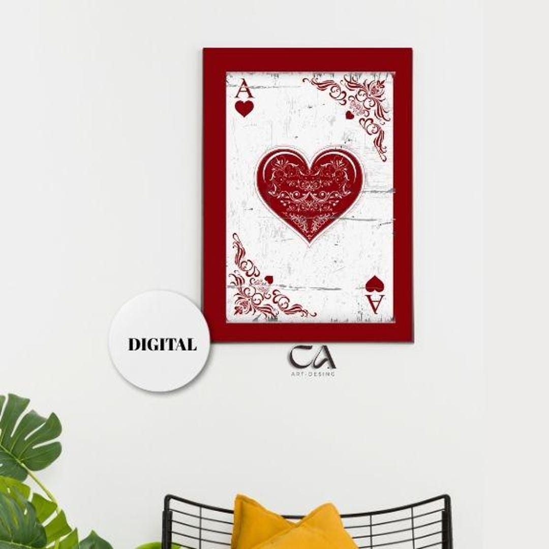 Ace of Hearts Printable Card Art – Red Ornamental Playing Card Digital ...