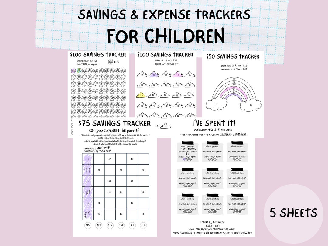 Kids Money Tracker Printable Bundle – 50, 75, 100 Savings and Expense ...