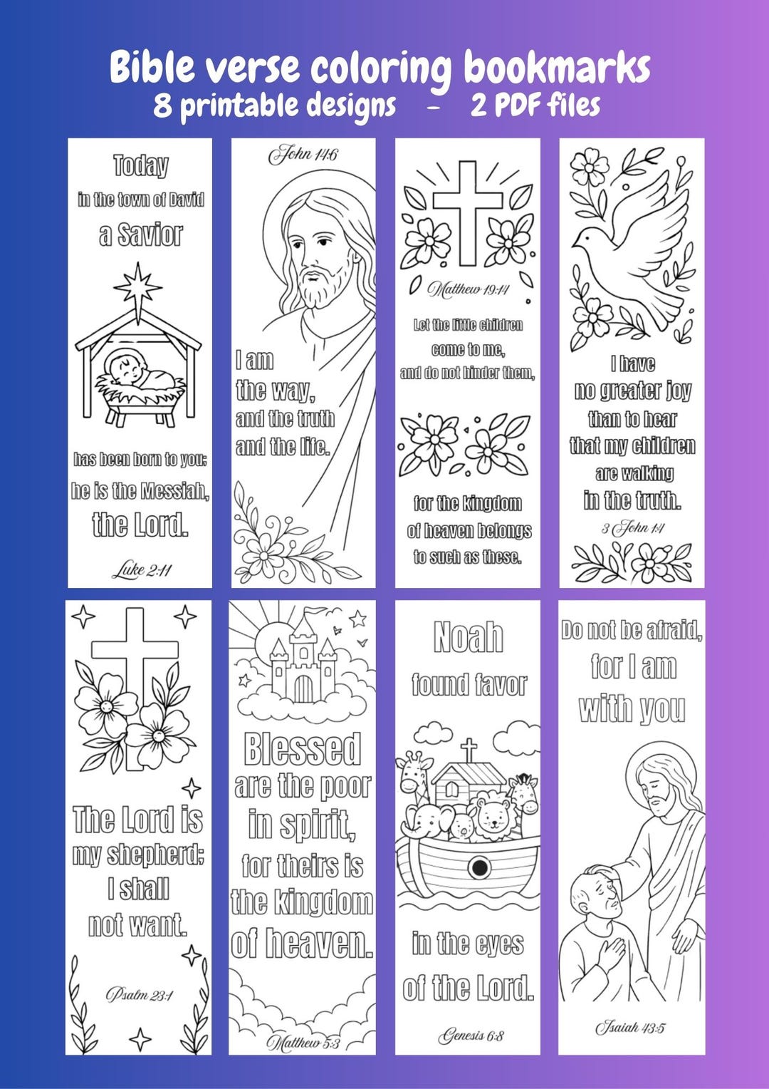 Set of 8 Printable Christian Coloring Bookmarks for Kids (bible Verses ...