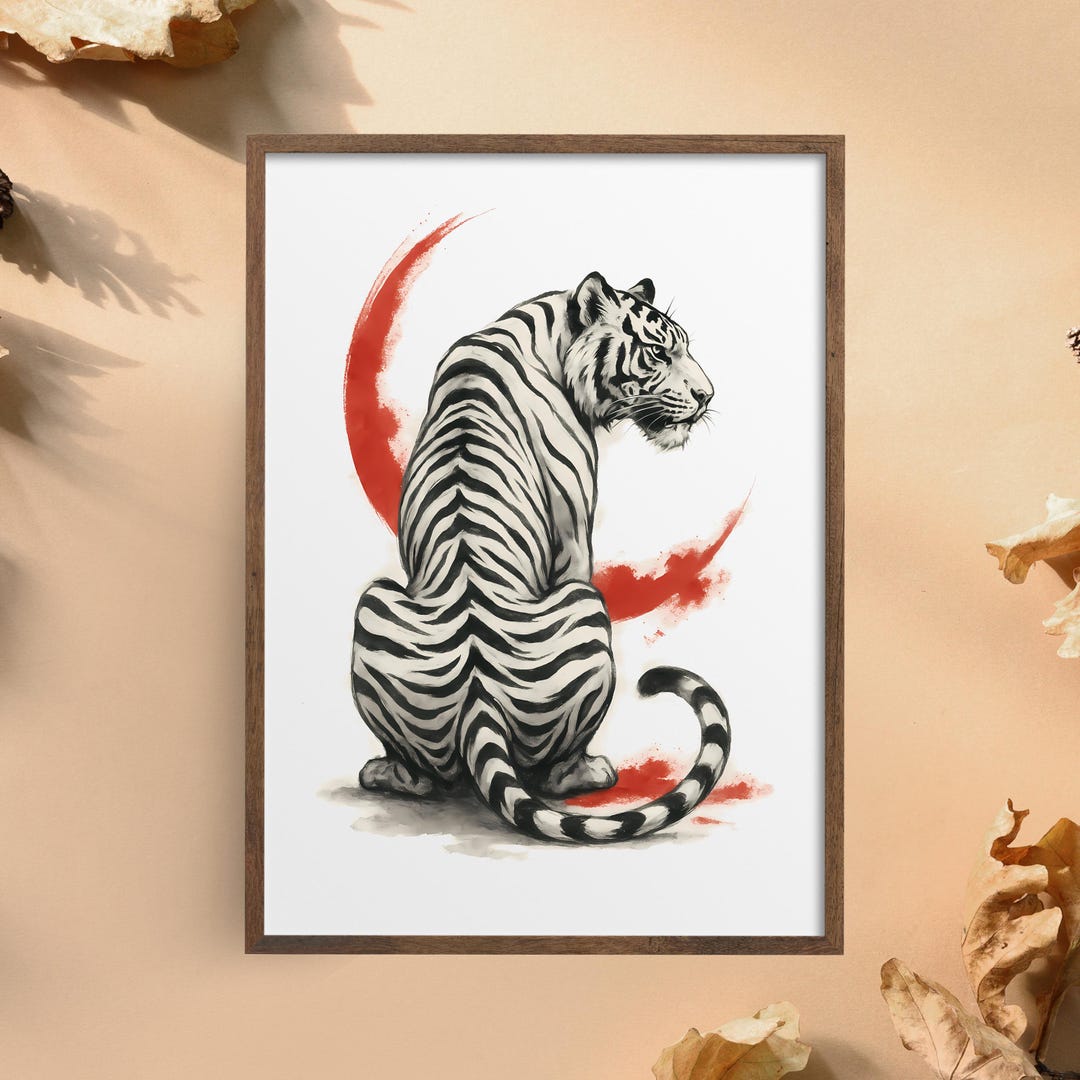 White Tiger Sumi-e Art Print: Japanese Ink Tattoo Design (digital ...
