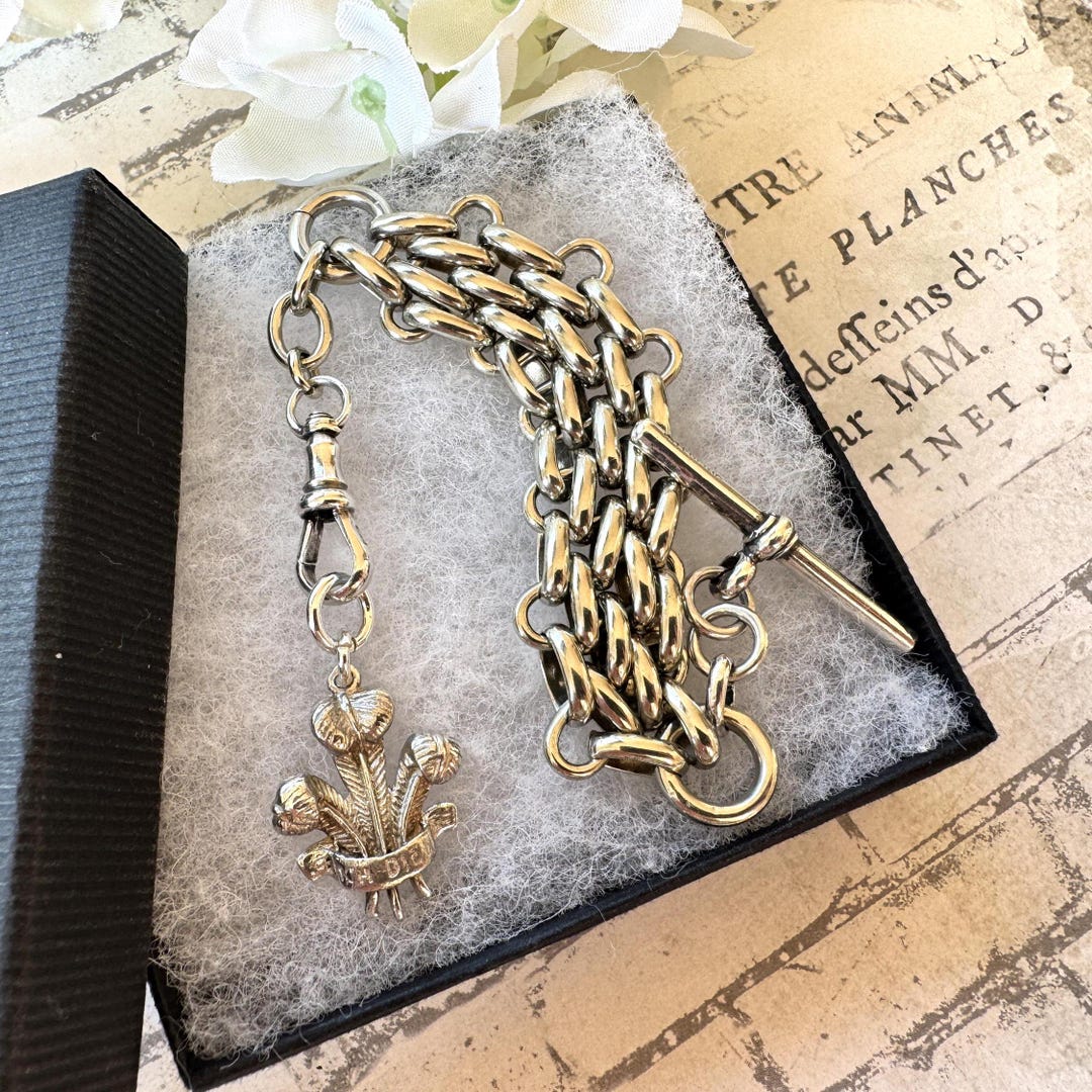Antique Sterling Silver Fob Chain With Prince of Wales Feathers Fob, T ...