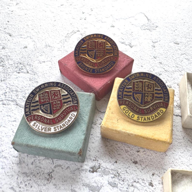 Vintage ASA Enamel Badge Set, Boxed: Gold, Silver, Bronze Survival ...