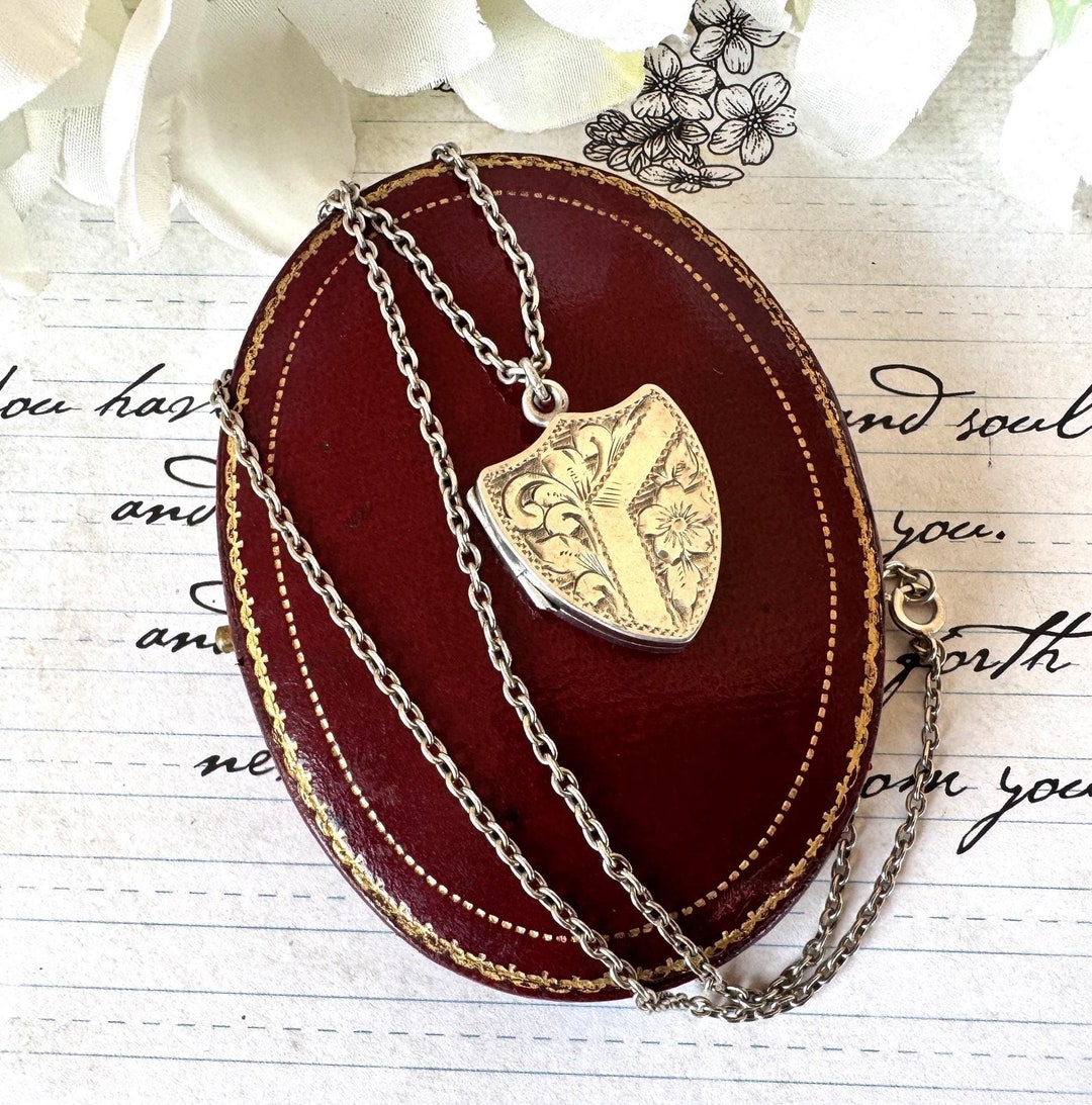Antique Heart Shaped Shield Sterling Silver Locket & Chain. Victorian ...