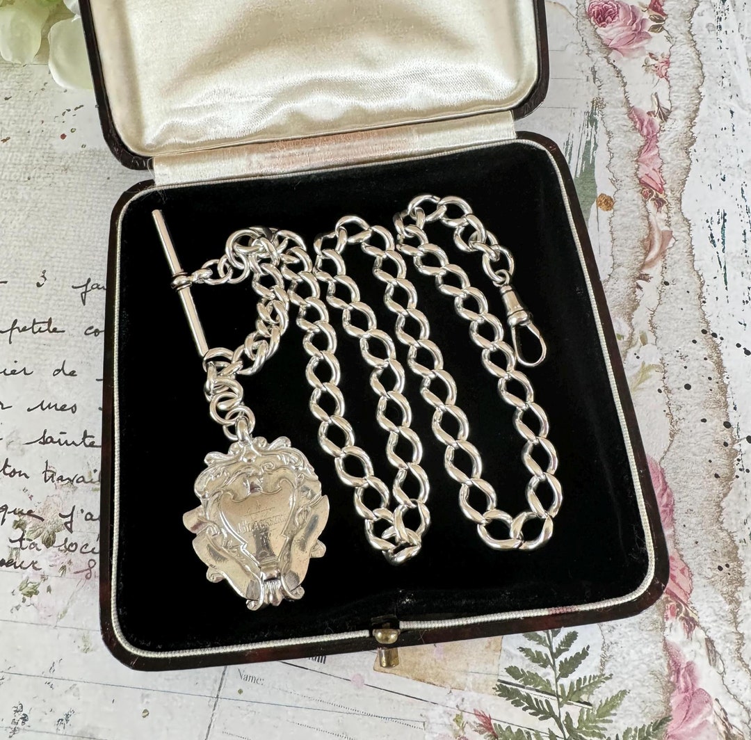 Antique Victorian Silver Albert Watch Chain With Large Fancy Fob ...