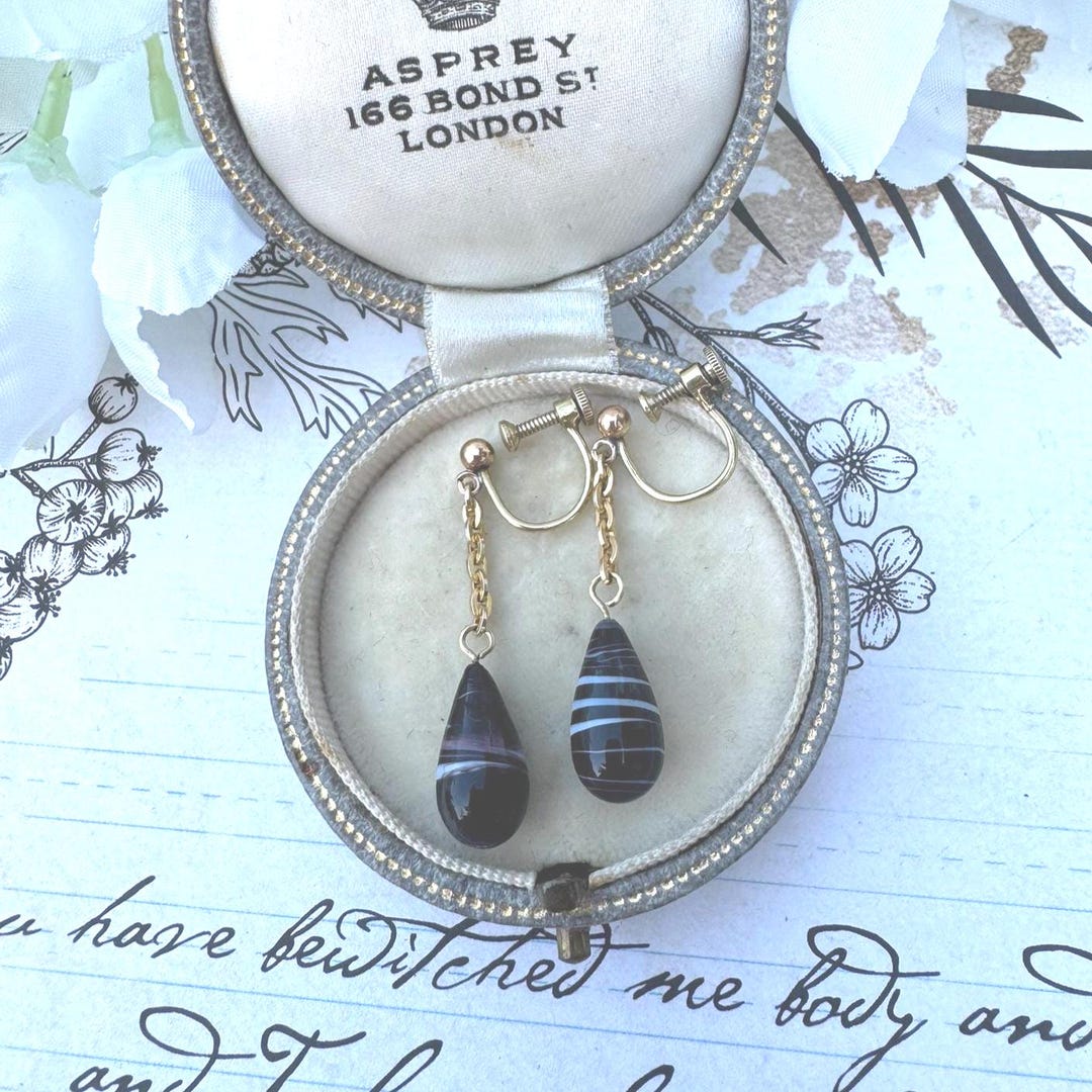 Victorian Scottish Banded Agate Drop Earrings: Rolled Gold Screw-backs ...