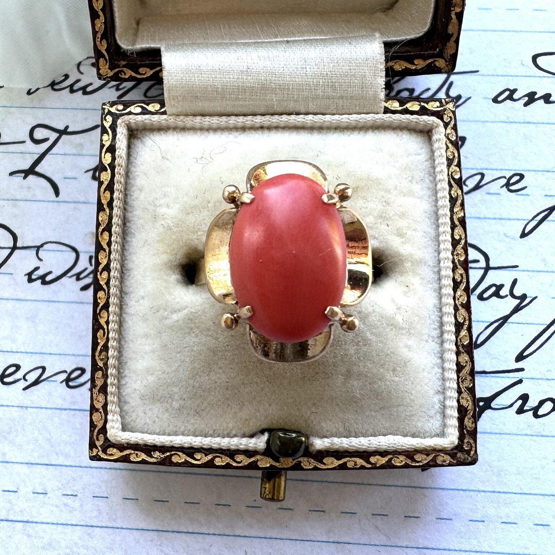 Vintage 14ct Gold Italian Red Coral Solitaire Ring. Massive Retro ...