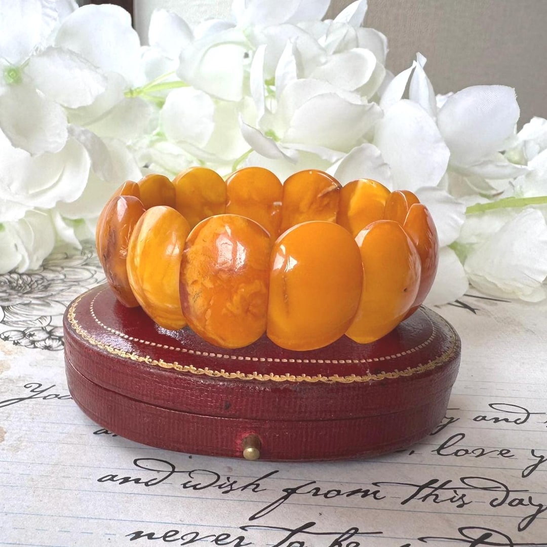 Antique Genuine Baltic Amber Panel Bracelet. Art Deco Carved Egg Yolk ...