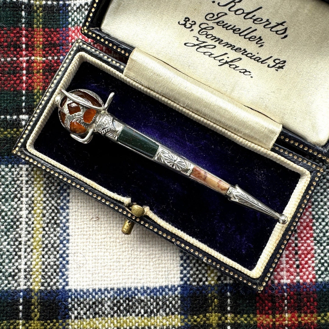Antique Silver Scottish Agate & Citrine Claymore Sword Brooch. Engraved ...