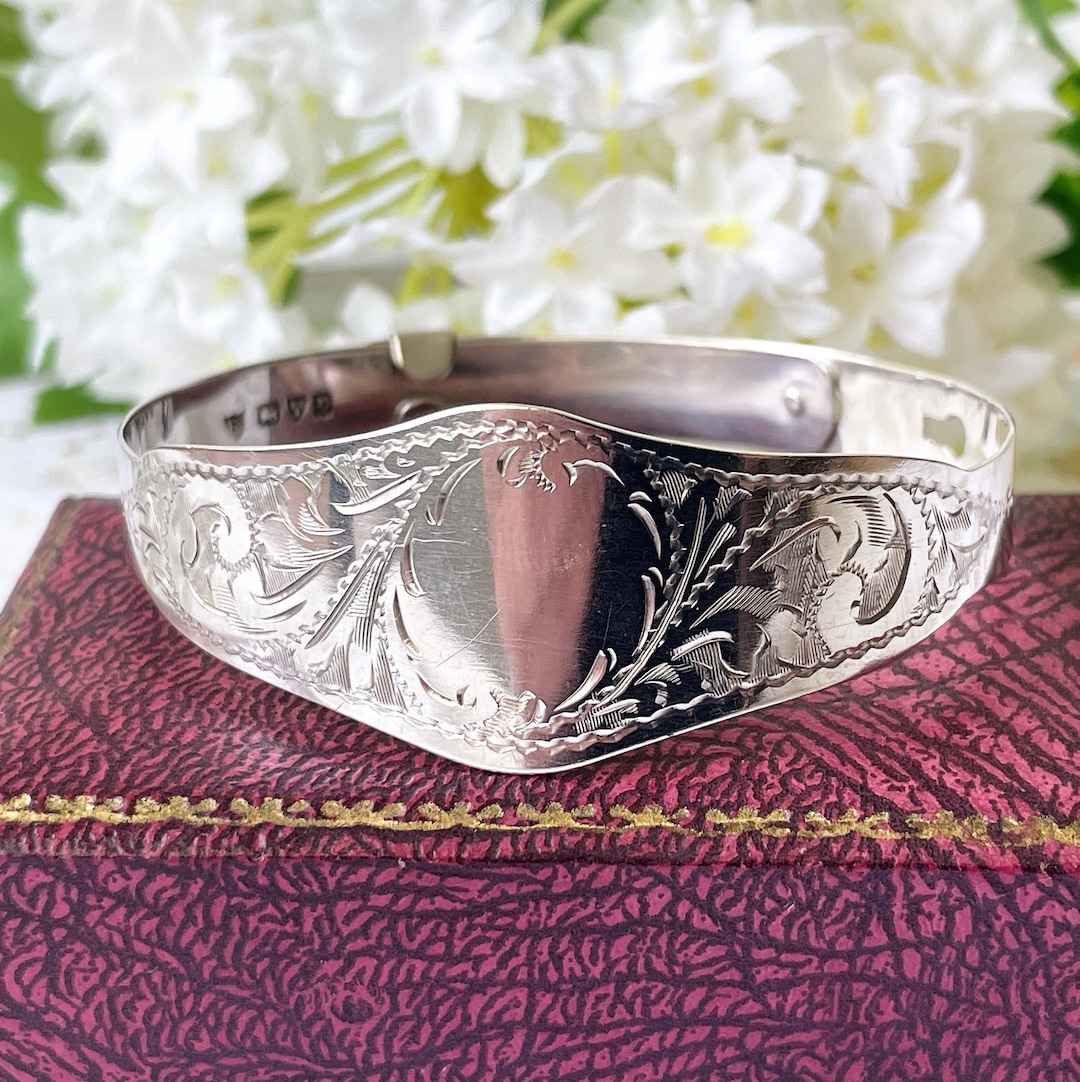 Vintage Art Deco Floral Engraved Silver Bangle Bracelet, Hallmarked ...