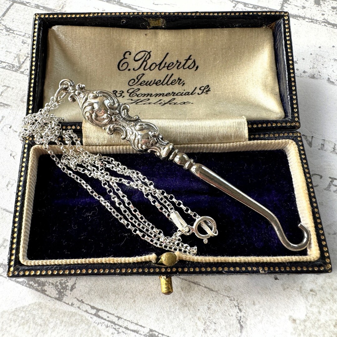 Antique Edwardian Sterling Silver Hook Pendant & Long Chain. Edwardian ...