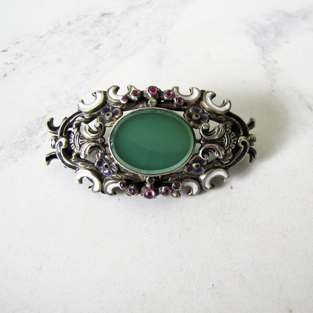 Antique Austro Hungarian Sterling Silver & Gold Ruby, Green Chrysoprase ...