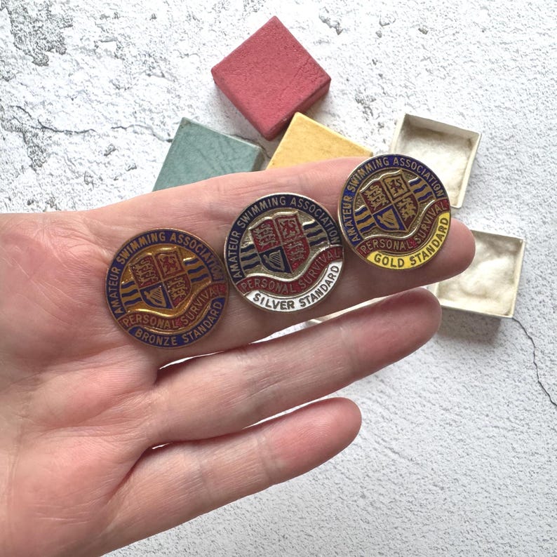 Vintage ASA Enamel Badge Set, Boxed: Gold, Silver, Bronze Survival ...