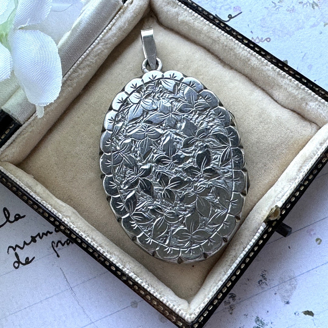 Antique Victorian Sterling Silver Engraved Ivy Locket Pendant. Large ...