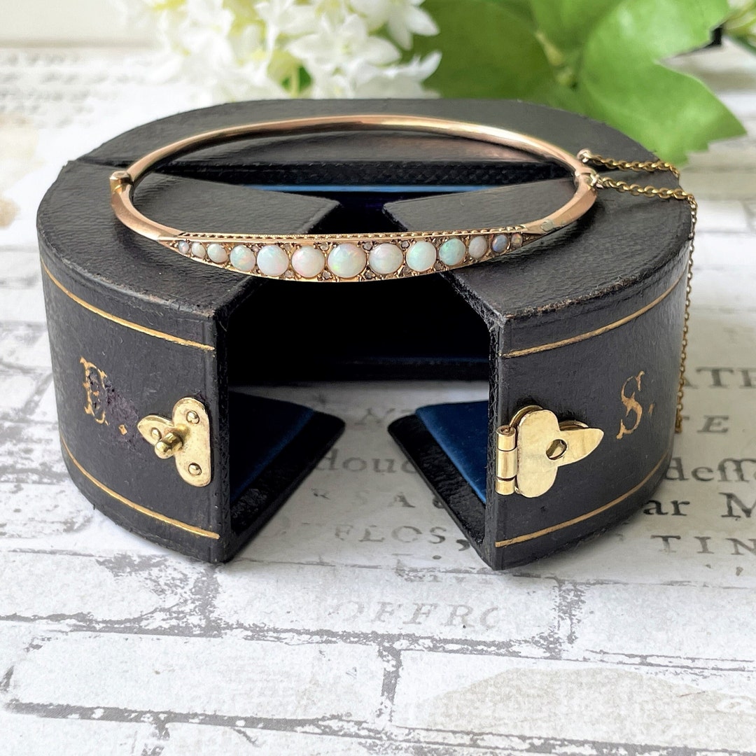 Edwardian 9ct Gold Opal & Diamond Bangle in Monogrammed Fitted Case ...