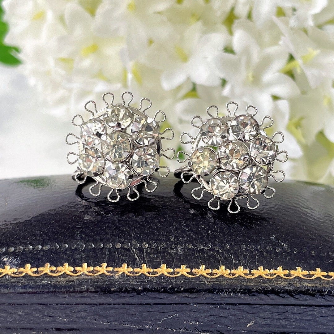 Vintage Sterling Silver Star-art Crystal Cluster Earrings: Screw Backs ...