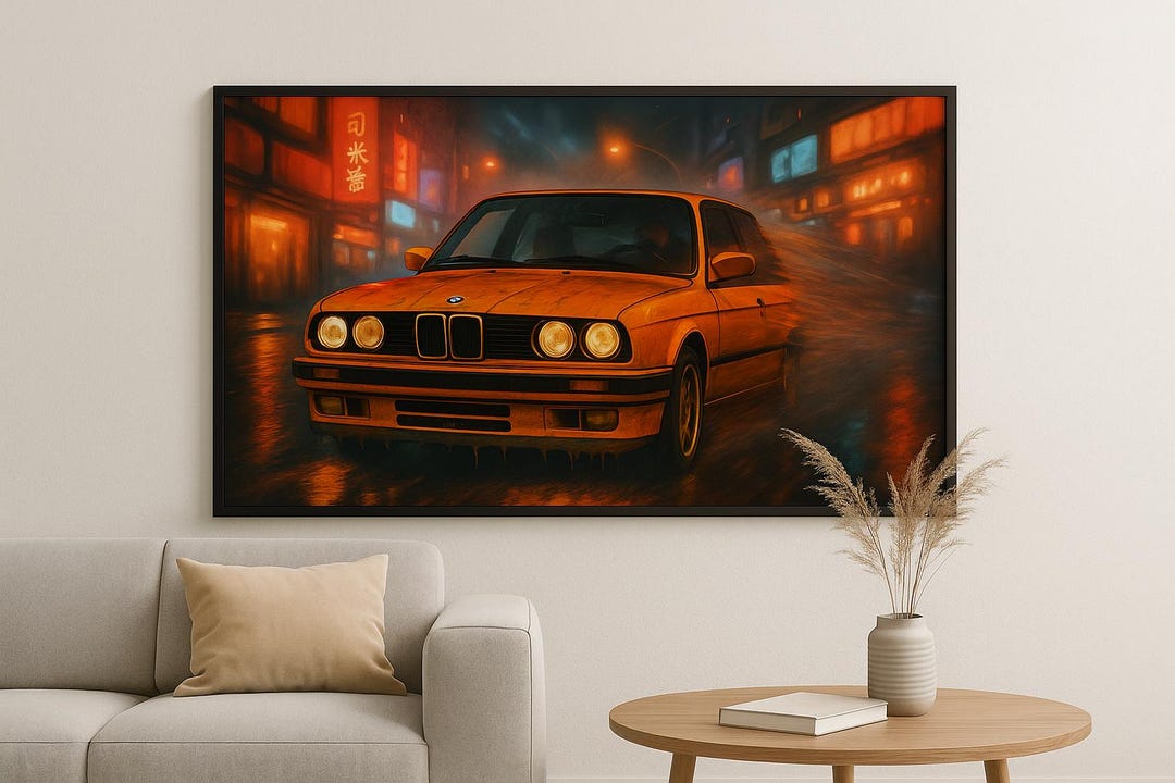 BMW E30 M3 Poster, Neon Cityscape Wall Art, Cyberpunk Car Print ...