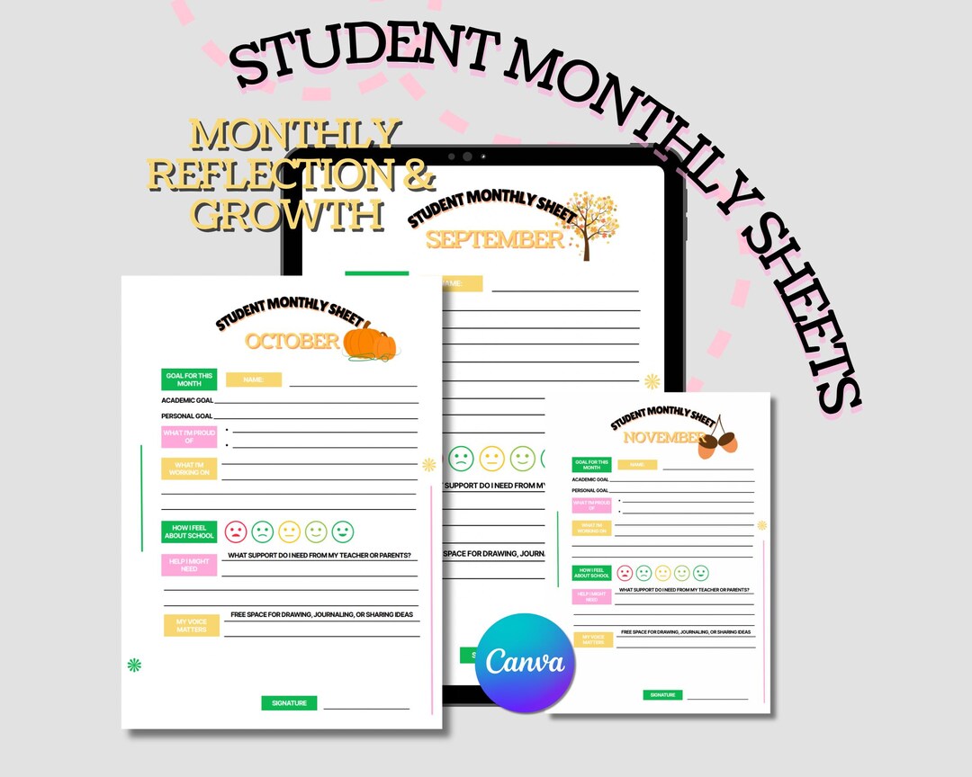 Student Monthly Reflection & Growth Sheets | Printable PDF A4 SEL ...